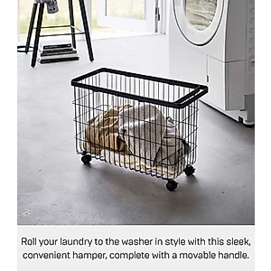 YAMAZAKI Home Small Rolling Laundry Basket Metal Hamper Cart with Wheels and Handle | Steel, One Size, Black
