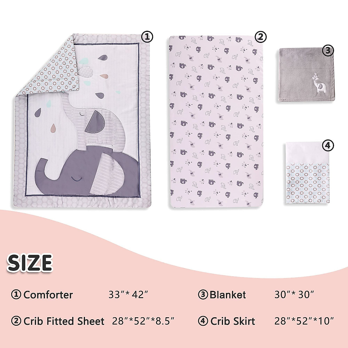 Honkaii Elephants Crib Bedding Sets for Boys 4 Pcs, Baby Girls Bedding Set Included Comforter, Fitted Sheet, Crib Skirt & Diaper Stacker for Nursery Standard Size Neutral (Gray)