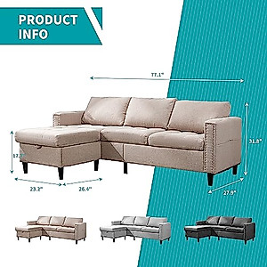 BALUS Reversible Sectional Couch Set 3 Seat L Shaped Modular Sofa Bed with Flexible Storage Ottoman Chaise Modern Sofa Couches for Living Room Apartment Office - Beige