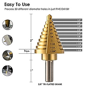 amoolo Titanium Step Drill Bit (10 Step), 1/4" to 1-3/8", High Speed Steel (HSS) 1/4" Hex Shank Unibit for Soft Metal Sheet, Wood, Plastic, Multiple Hole Drilling Cone Drill Bit