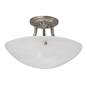 Noble Home 2-Light Contemporary Semi Flush Mount Light | Ceiling Mount Fixture with Alabaster Glass Shade | Hanging Lighting for Living Room, Bedroom, and Foyer, Satin Nickel
