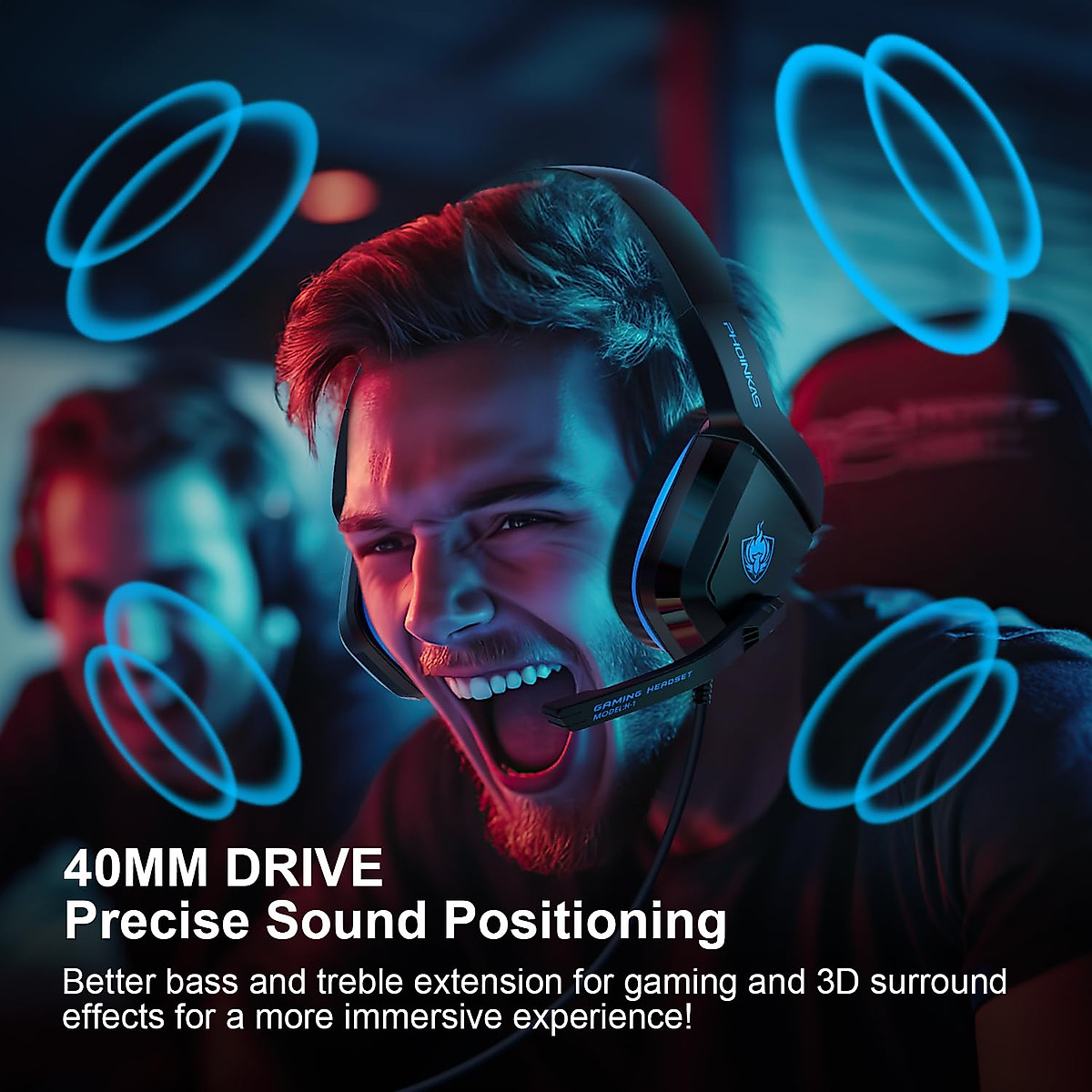 PHOINIKAS Gaming Headset, PS5 Headset for PS4, Xbox One, PC, Laptop, Switch, Over Ear Gaming Headphones Noise-Cancelling Mic, Bass Surround - Blue