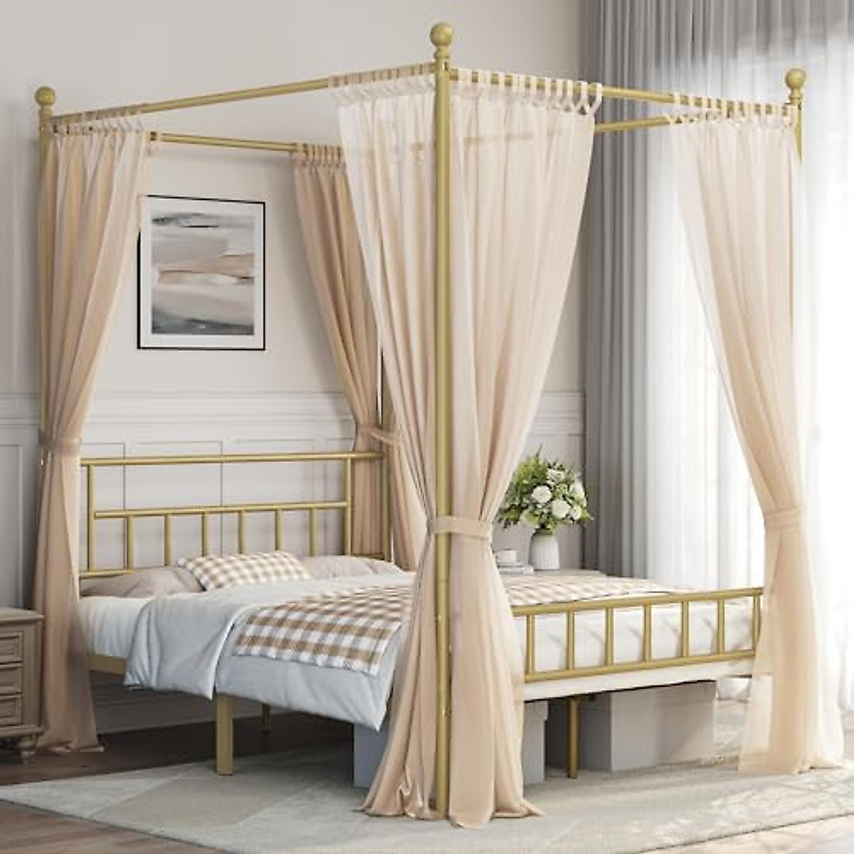 Yaheetech Canopy Bed Frames Metal Four-Poster Canopied Platform Bed with Headboard and Footboard, Sturdy Slatted Structure/Ground Clearance: 11.2" /Antique Gold/Full Bed