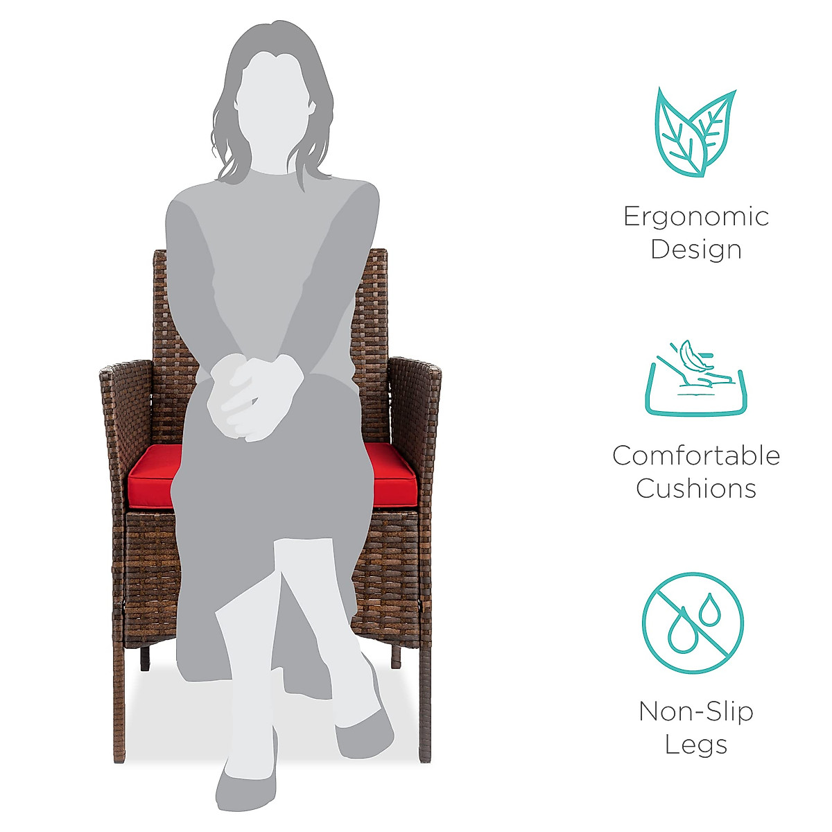 Best Choice Products 3-Piece Outdoor Wicker Conversation Bistro Set, Space Saving Patio Furniture for Yard, Garden w/ 2 Chairs, 2 Cushions, Side Storage Table - Brown/Red