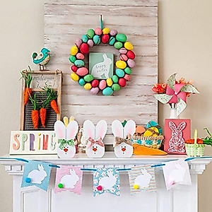 Easter Decorations for the Home, hogardeck 3 Pcs Easter Bunny Table Decor, Wood Sign Rabbit Block Set with Plaid Dot Burlap Bow Wooden Signs Table Centerpiece Farmhouse Decor for Party Fireplace Tiered Tray Tabletop