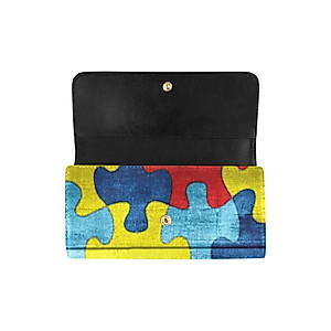 Unique Custom Colorful Autism Awareness Puzzle Wood Women Trifold Wallet Long Purse Credit Card Holder Case Handbag