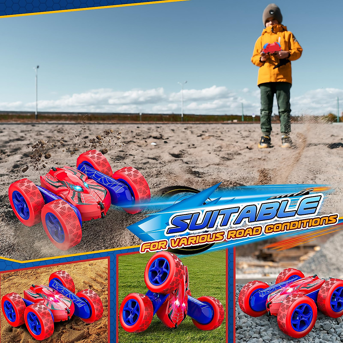 Excitobo Remote Control Car,RC Cars for 4 5 6 7 8 9 10 11 12 Year Old Boy Double Sided 360°Flip 4WD Rechargeable Drift RC Race Car Boys Toys Birthday Gifts Easter Basket Stuffers for Kids Age 4-12