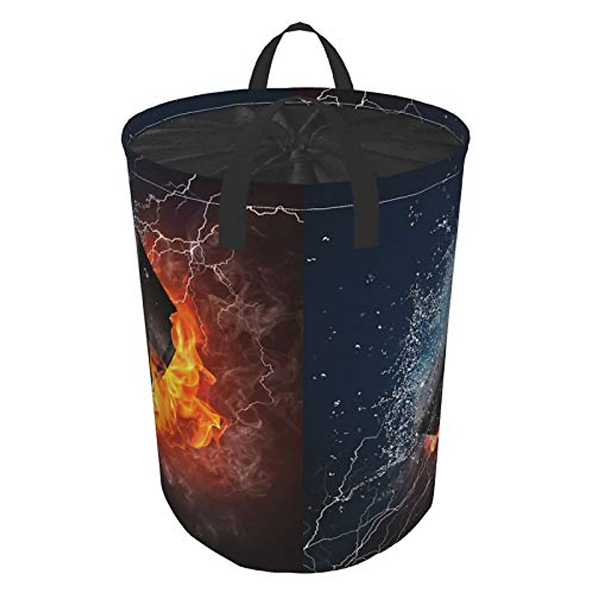 Janrely Large Round Storage Basket with Handles,Ice and Fire Hockey,Large Capacity with Drawstring Storage Bin for Family Waterproof Home Office Decor 21.5"x 16.5"