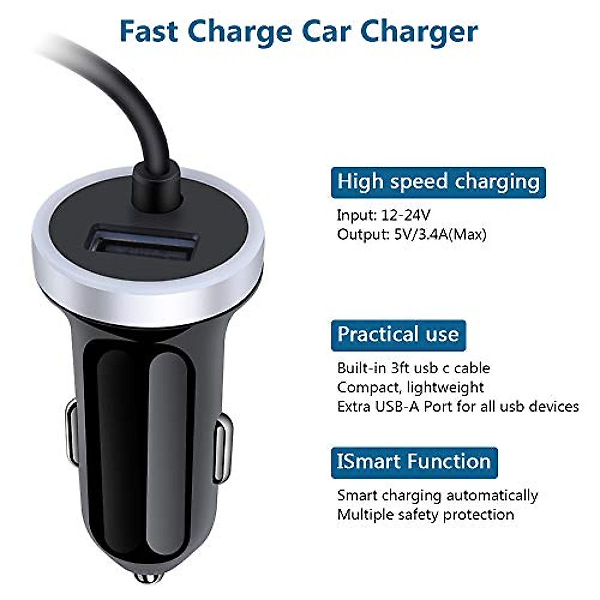 USB C Car Charger, 3.4A Fast Charging Car Adapter+3ft Type C Cable for Samsung Galaxy S23 S22 S21 S20 S10 Note 20 A10E A20 A50 A51 A01 A71 A11,LG Stylo 6/5/4 G7 V60 ThinQ Moto G8 G7 Google Pixel 4 3a