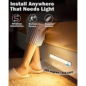 LAJOSO 64 LED Under Cabinet Lights Motion Sensor, 3 Color Kitchen Counter Lighting Wireless, Rechargeable Closet Lights Remote, Dimmable Night Light for Shelf Pantry Stair Hallway 3Pack