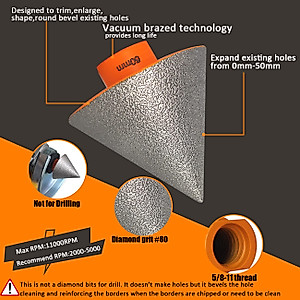 3Pcs 2" Diamond Beveling Chamfer Bits Tile Cone with 5/8-11 Thread Adapter 1" Diamond Finger Milling Bits for Existing Holes Enlarging Trimming in Tile Marble Porcelain Granite Ceramic