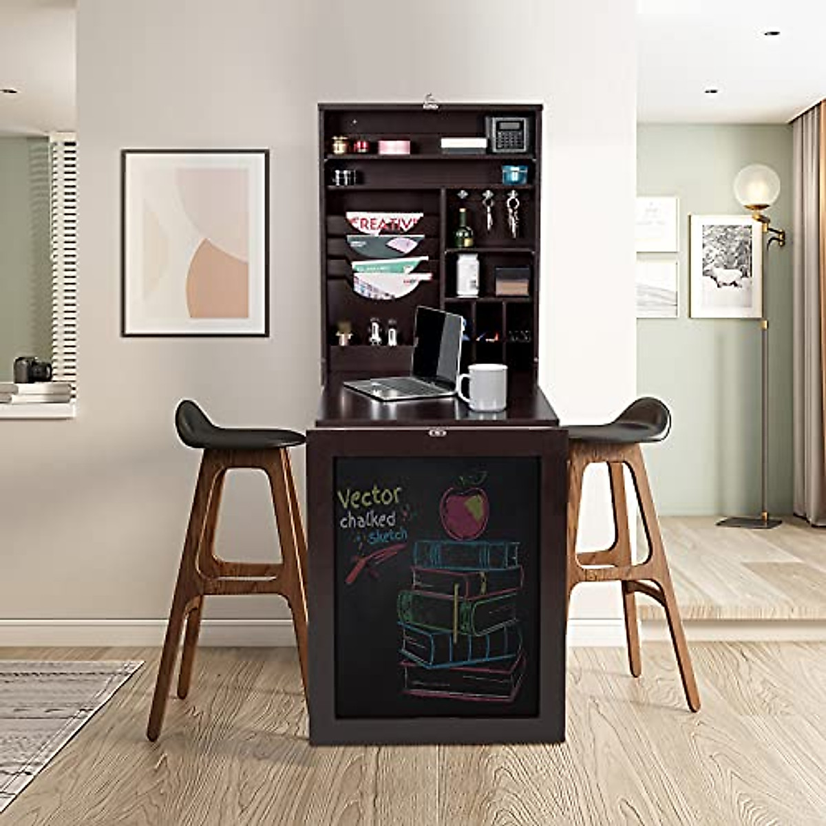 IFANNY Wall Mounted Desk with Storage Shelves, Folding Desk for Wall with Chalkboard, Fold Down Table Wall Mount, Small Floating Desk No Assembly Required (Brown)