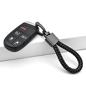 FEYOUN Universal Black Leather Car Fob Keychain Metal Keyring Woven Strap Braided Rope Key Chain for Men and Women - Matte Black Color, with 360 Degree Rotatable D-ring and Screwdriver