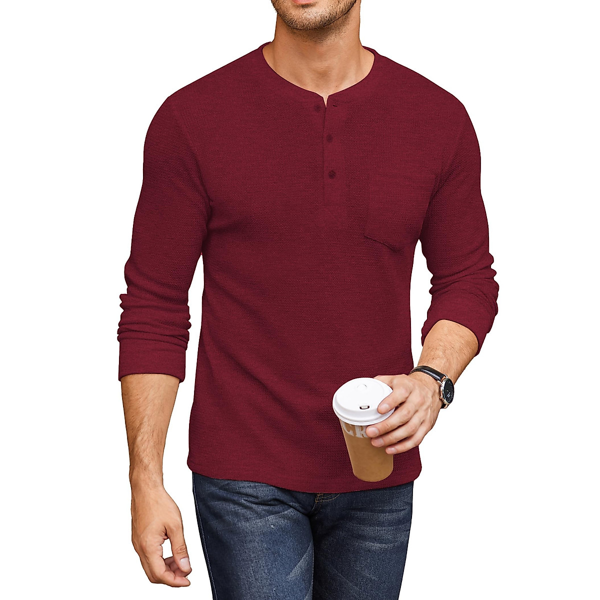 COOFANDY Men's Henley Shirts Long Sleeve Basic Waffle Pique Pullover T-Shirt with Pocket Christmas Sweater Red