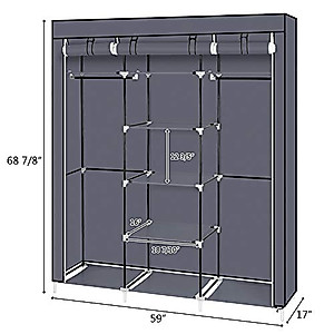Portable Clothes Closet Non-Woven Fabric Wardrobe Double Rod Storage Organizer 69" - Gray