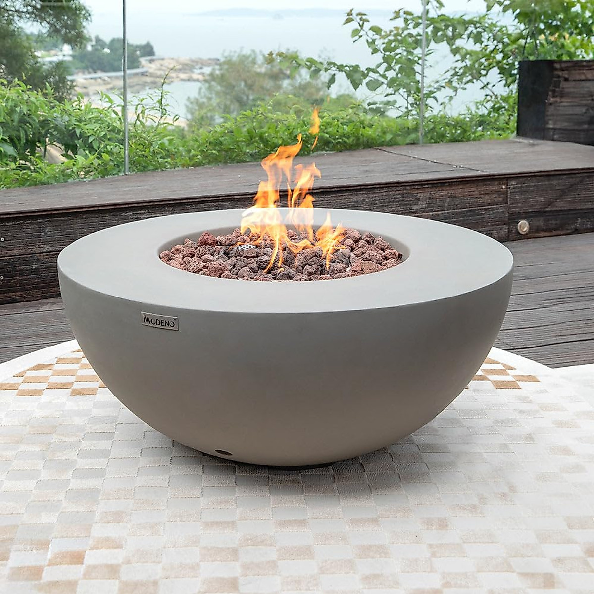 Roca Concrete Fire Pit 34" x 34" Outdoor Patio Firepit Includes Lava Rocks Modern Fire Pits & Outdoor Fireplaces for Garden, Deck, Indoor & Outdoor Heating