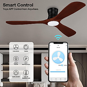 Hoenofly 52” Smart Wood Flush Mount Ceiling Fans with Lights Remote,Quiet DC Motor,Outdoor Indoor Low Profile Ceiling Fan,Voice WIFI Alexa App Control,Dimmable,6-speed,for Modern Bedroom Patio