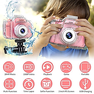 OZMI Kids Waterproof Selfie Camera for Girls, Christmas Birthday Gift for Girls 3 4 5 6 7 8 9 Years Old, Toddler Underwater Sports Camera HD Children Digital Camera 2 Inch Screen with 32GB Card, Pink