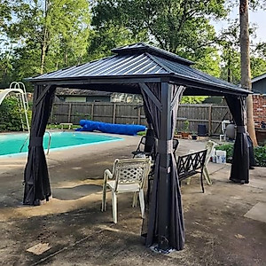 Domi 12’ X 12’ Hardtop Gazebo Canopy with Netting & Curtains, Outdoor Aluminum Gazebo with Galvanized Steel Double Roof for Patio Lawn and Garden, Gray