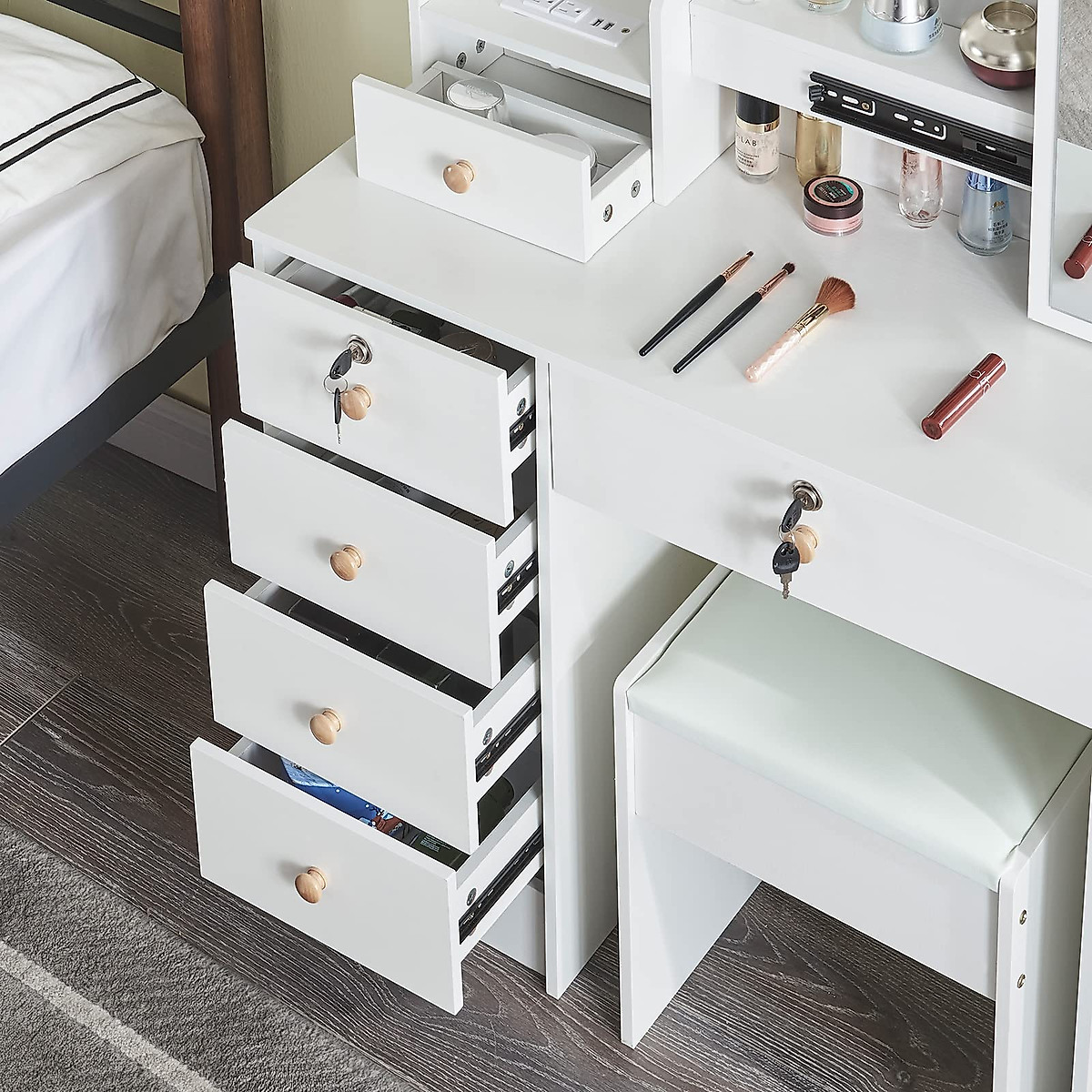 Vanity Set Dressing Table with Lighted Mirror, Modern Storage Makeup Table with 5 Drawers and Stool,White (H1905)