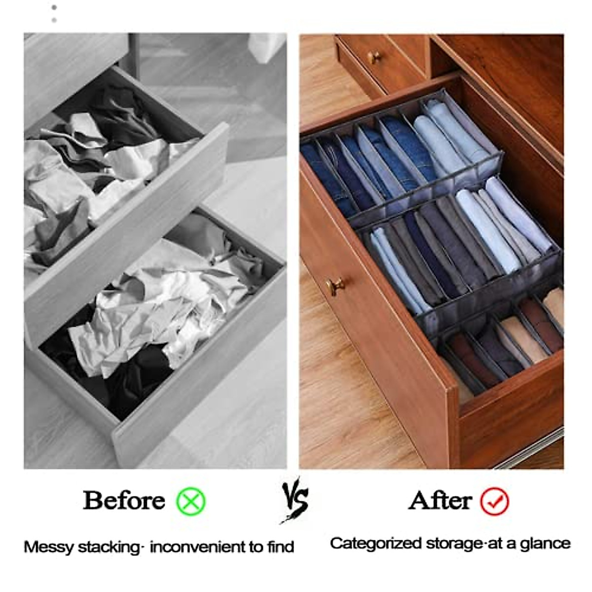 Wardrobe Clothes Organizer, Closet Pants Organizers for Jeans and Storage Baskets for Bedroom Dorm Room, 7 Grids Clothing Storage Bins, Washable Foldable Drawer Clothes Compartment Storage Box(2+2pcs)