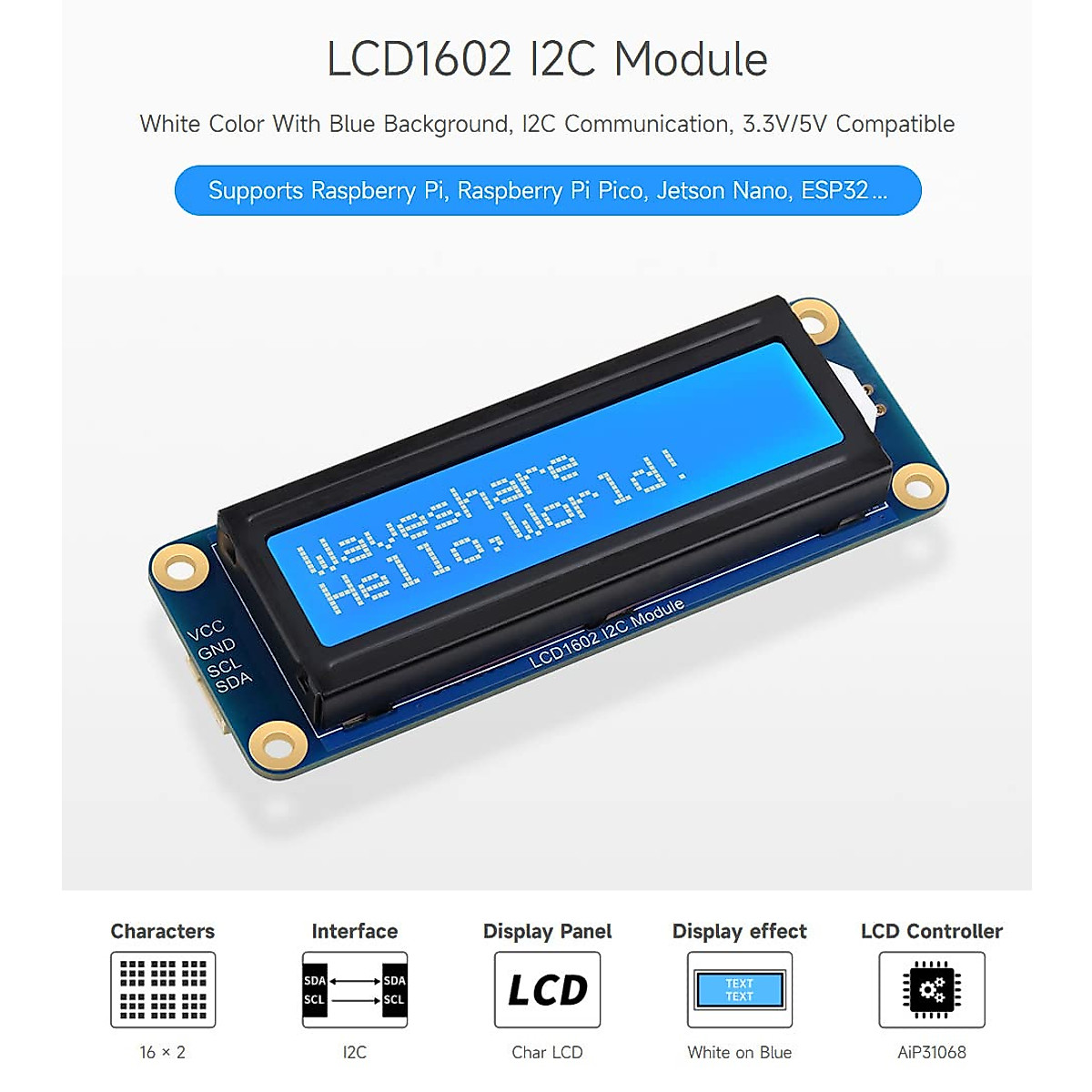 waveshare LCD1602 I2C Module, White Color with Blue Background, 16x2 Characters LCD, 3.3V/5V