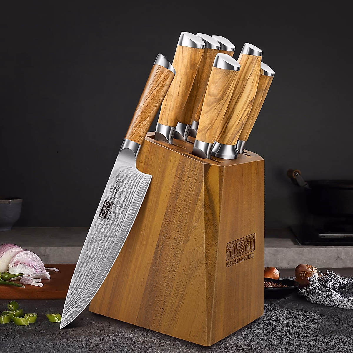 HOSHANHO Knife Set with Block 7-Piece, Professional 67-layer Damascus Super Steel Kitchen Knife Sets for Cooking, Ultra Sharp Knife Set with Sharpener
