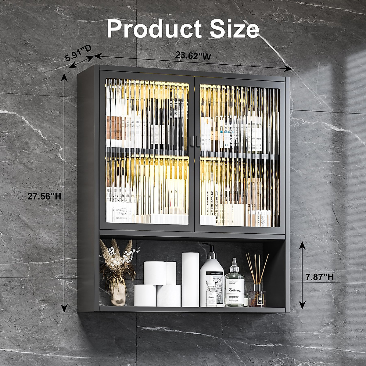 OSEILLC Bathroom Wall Cabinet, Metal Bathroom Wall Cabinet with Glass Doors and Lights, Black Bathroom Storage Cabinet, Over The Toilet Cabinet, Bathroom Medicine Cabinets