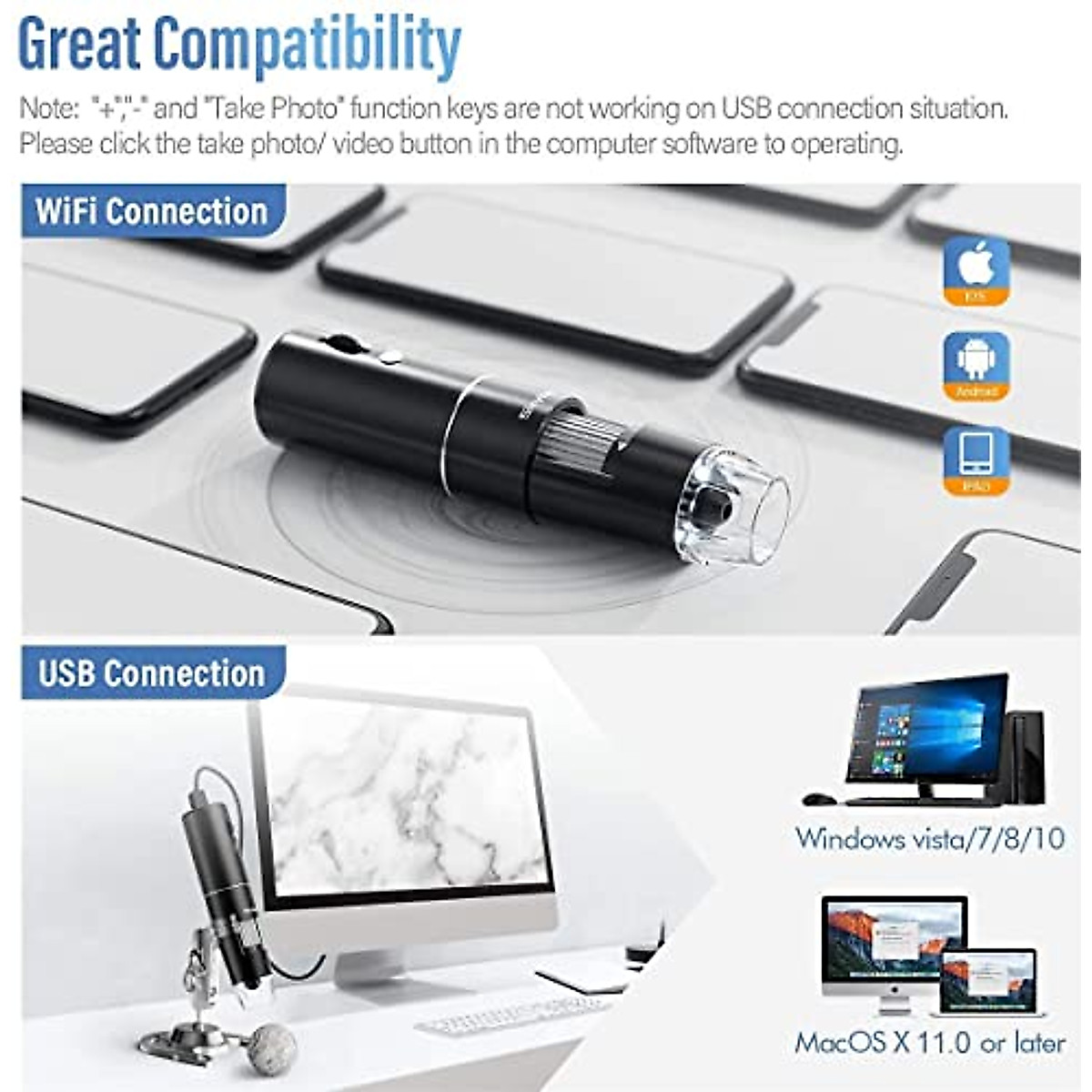 Wireless Digital Microscope, Skybasic 50X-1000X Magnification WiFi Portable Handheld Microscopes with Adjustable Stand HD USB Microscope Camera Compatible with iPhone Android iPad Windows Mac Computer
