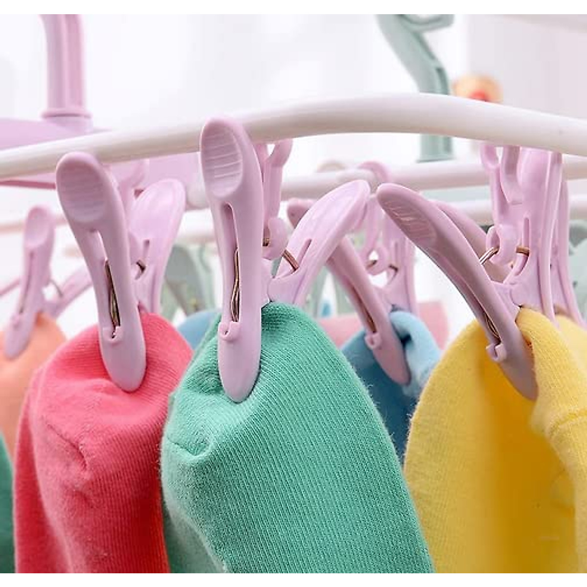 Ruoxian 2 Pieces Laundry Hanger Foldable Portable with Clips Drying Rack for Socks Lingerie Plastic Clothes Travelling (Purple+Green)