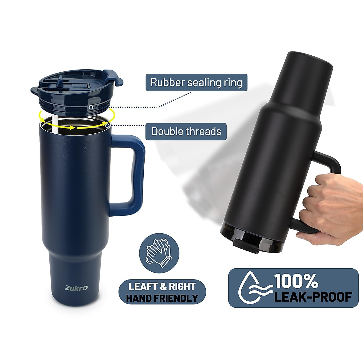 Zukro 50 oz Tumbler With Handle, 100% Leak Proof, Large Triple-wall Insulated Stainless Steel Jug with Lid and Flip Straw, No Sweat Wate Bottle Fit in Cup Holder, Keep Drinks Cold 34 Hours, Cotton