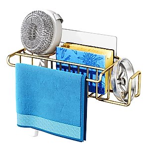 HapiRm Sponge Holder for Kitchen Sink, No Drill Sink Caddy Kitchen Sink Organizer, Rustproof Sink Sponge Holder- Gold(8.46 * 3.54 * 2.36in)