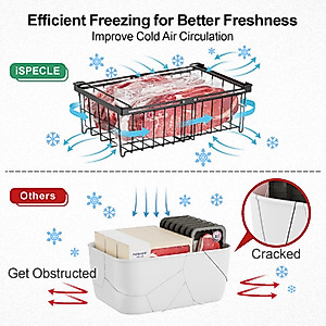 iSPECLE Freezer Organizer Bins - Fit 10 to 20 Cu.FT Deep Freezer, 4 Pack Large Expandable Stackable Chest Freezer Organizer Sort Frozen Food and Easily Get with Handle, Improve Air Circulation, Black