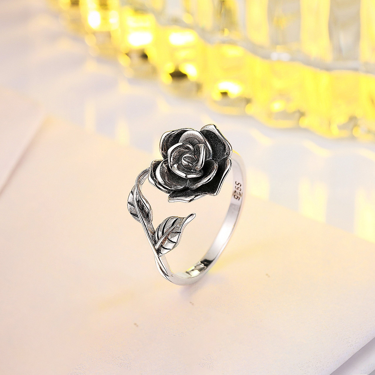 Alphm S925 Sterling Silver Adjustable Wrap Open Rings Rose Flower Floral Ring for Women Purity