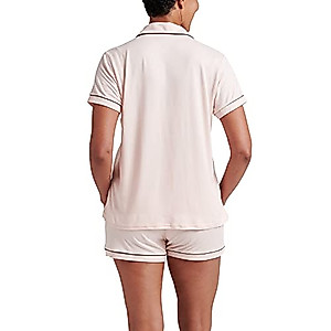 Rae Dunn Women's Pink LOVE Short Sleeve Button Up Notch Collar Shirt with Pocket and Shorts Pajama Set, Small