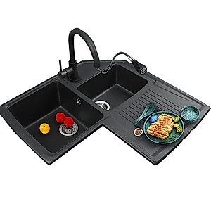 Kitchen Sinks Sinks for Kitchens Corner Quartz Stone Double- Bath Under- Counter Kitchen Sink, Kitchen Sink, Drain Corner, Shaped Sink, Kitchen Sink with Rounded Corners, Suitable for Restaurants, Ki