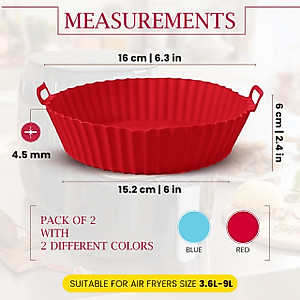RR Brand Silicone Air Fryer Liners, 6.3” 2 Pieces Non-stick Paper for Frying Cooking,Oil-Proof for Steamer and Microwave Air Fryer Basket Pot,Air Fryer Silicon Liners Fits to 3-7 QT(Blue & Red)