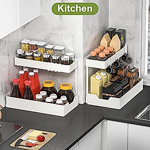 Minimalist Studio Under Sink Organizers and Storage 2 Pack L-Shape Kitchen Bathroom Organization, 2-Tier Sliding Storage Under Bathroom Kitchen Sink Cabinet Organizer Shelf Pull Out with Drawer(White)
