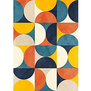 Blue Yellow Orange Washable Soft Wool Minimalist Modern Area Rug 4x6 Mid Century Rug for Livingroom Bedroom Diningroom Vibrant Arti Home Office Floor Carpet