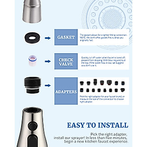 Kitchen Faucet Head Replacement with 15 Adapters - 3 Functions Pull Down Spray Head for Kitchen Faucet, Pull Out Faucet Sprayer Head Nozzle, Kitchen Sink Faucet Sprayer Head Parts, Brushed Nickel