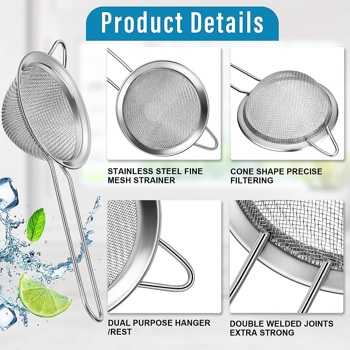Epakh 9 Packs Stainless Steel Small Strainer, Steel Cone Shaped Cocktail Strainer for Juice, Tea Herbs, Coffee Drinks, Long Handle Coffee Food, 3.2 Inches Silver