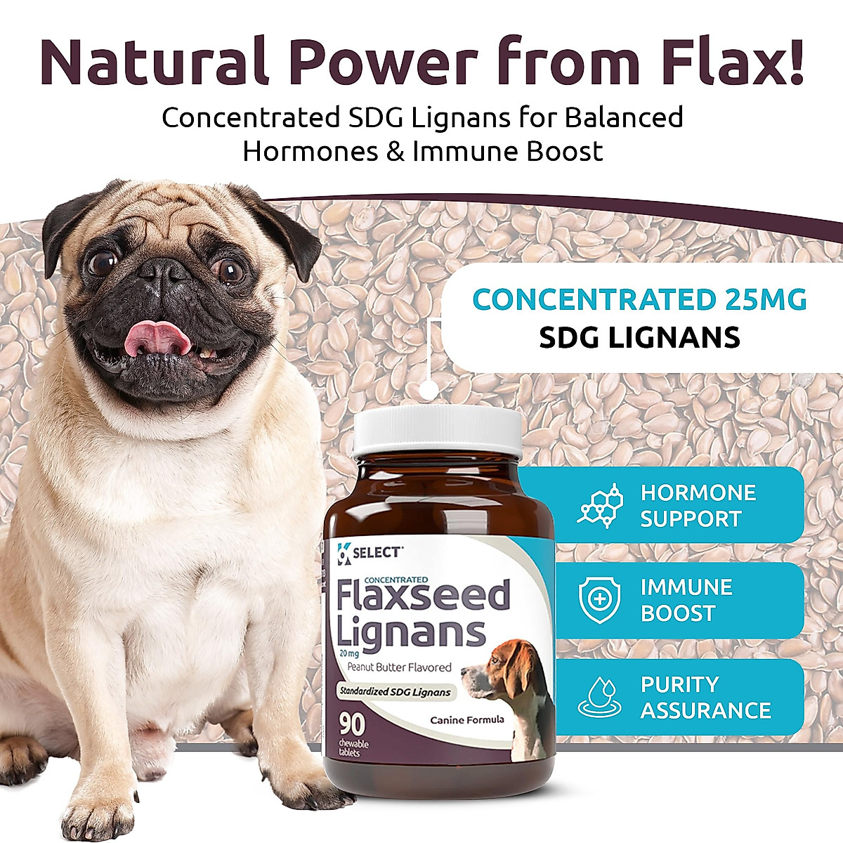 K9 Select Concentrated Flaxseed Lignans for Dogs, 20mg 90 Tablets, Flax Seed Natural Tablets, Peanut Butter Flavored Chewable Tablets, Natural Flaxseed Lignans for Dogs, Flax Impove Dog's Coat