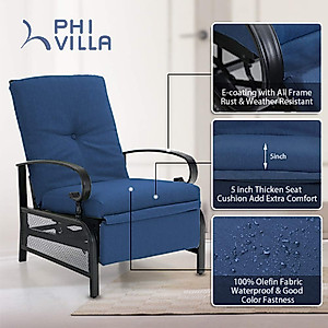 PHI VILLA Outdoor Recliner Chairs with Side Table, Oversized Patio Recliners Outdoor Metal Chaise Lounge Chairs with Removable Cushion for Garden, Poolside, Deck, Blue