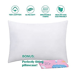 Toddler Pillow with Organic Cotton Pillowcase Set 14x19, Pink Unicorn Kids Pillows for Sleeping, Girls Breathable Pillow with Pillow Cover for Kids Sleeping, Machine Washable