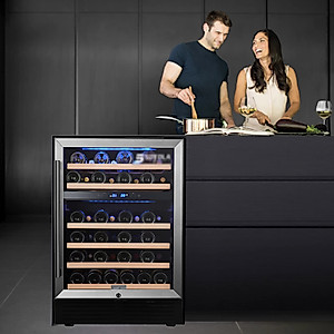24 inch Freestanding Wine Fridge, 46 Bottle Fast Cooling Low Noise Compact Mini Wine Fridge with Stainless Steel Tempered Glass Door Small Wine Cooler Cabinet Beverage Refrigerator, for Kitchen