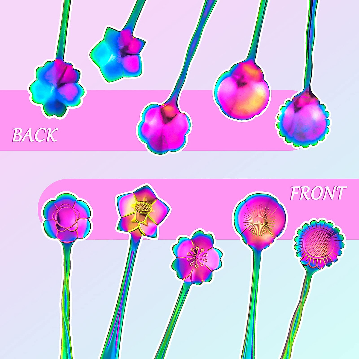 9 PCS Rainbow Flower Spoon Set, LEEFONE 2 Different Size Stainless Steel Reusable Teaspoons Coffee Sugar Stirring Spoon Dessert Cake Spoons Tea Scoops Table Spoon Mixing Spoon Ice Tea Spoon