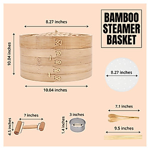 Bamboo Steamer 10 Inch - Basket 2 Tier Steam Cooker Pot for Rice, Dim Sum, Fish, Vegetable & Meat – Set of Two Bamboo Chopsticks, Steamer Liner and Steamer Basket