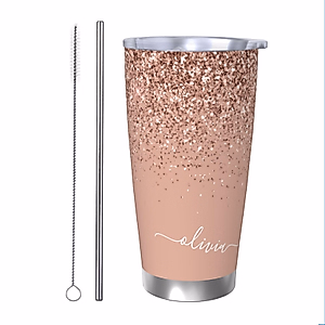 Blush Pink Rose Gold Glitter 20oz Tumbler Stainless Steel Vacuum Insulated Coffee Travel Mug, Durable Insulated Coffee Travel Mug with Splash-Proof Lid Metal Straw and Brush Thermal Cup for Outdoor