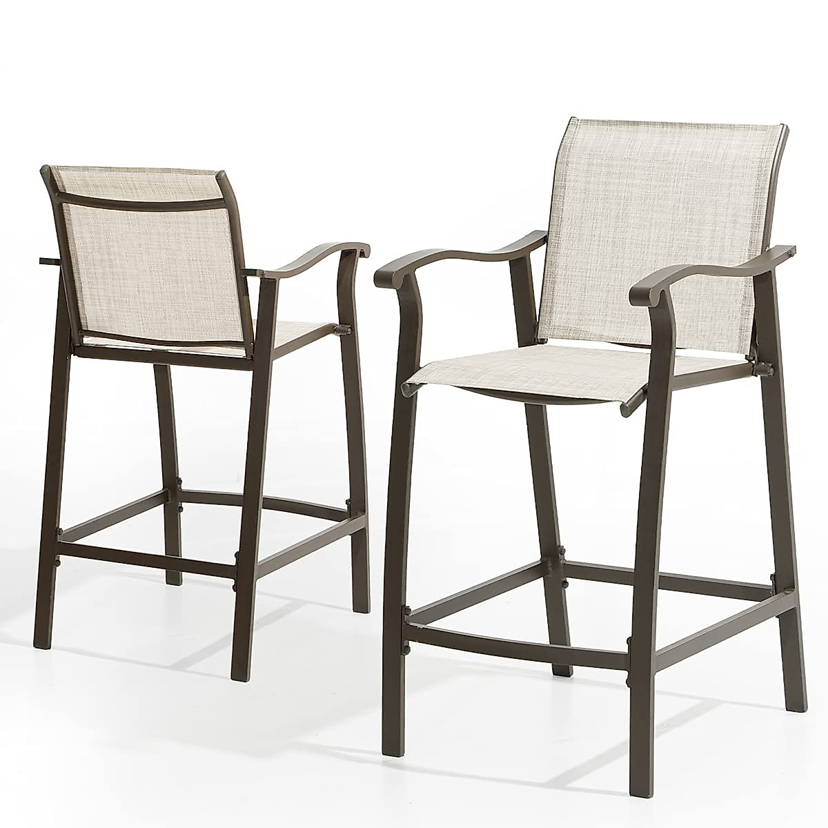 VredHom Outdoor Bar Stools & Chairs Set of 2, 2 PCS Counter Height Bar Stools, Patio Bar Chairs Brown Aluminum Frame & Beige Textilene