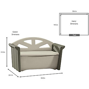 Rubbermaid Resin Weather Resistant Deck Box Bench, 4' L x 2'1" W x 3' H, Olive/Sandstone, Storage for Garden/Pool Accessories/Cushions, Indoor/Outdoor Home Organization Bin